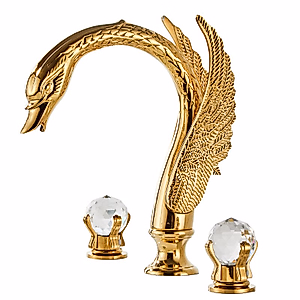 WBRSybUS Swan Style Bathroom Sink Faucet Combo, Deck Mount 3 Hole 2 Handle Crystal Knobs Sink Mixer Tap Set with Hot and Cold Water