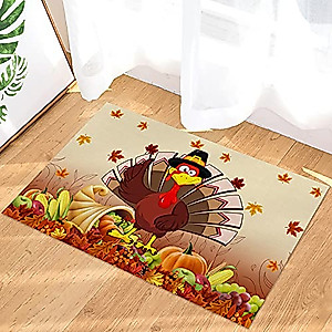 Thanksgiving Turkey Doormats Rugs- Fall Leaf Autumn Harvest Pumpkin Non-Slip Entrance Door Mats Carpet Indoor for Home/Bathroom/Kitchen/Bedroom,Large 18x30inch, Yellow