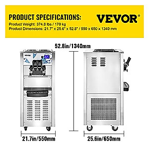 VEVOR Commercial Ice Cream Machine with Two 12L Hoppers Soft Serve Machine with 3 Flavors Commercial Ice Cream Maker 2500W Compressor Soft Ice Cream Machine with LCD Panel for Restaurants Snack Bar