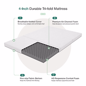 Novilla Folding Mattress Full Size, 4 Inch Responsive Comfort Foam Foldable Mattress Full with Breathable & Washable Cover, Pain Relief & Support, Portable Trifold Mattress Topper for Floor, Camping