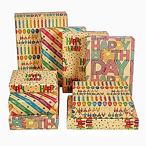 THMORT Birthday Wrapping Paper for Kids, Boys&Girls, Adults. Kraft Brown Recycled Gift Wrapping Paper ,Rainbow stripe Happy Birthday 4 Colorful Designs for Baby Shower, Holiday, Party Pack of 12 Sheets 29 X 20 Inch.