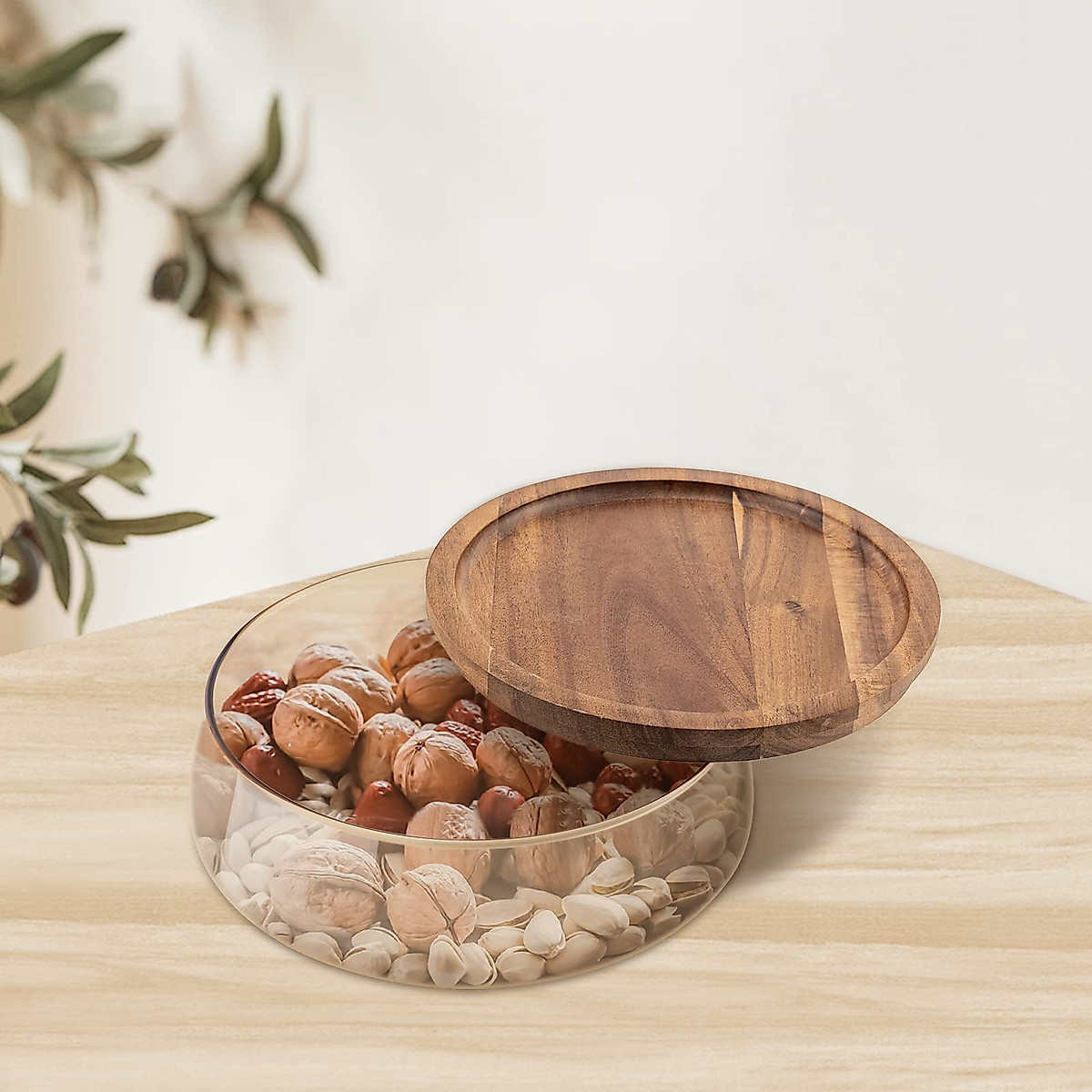 Glass Candy and Nuts Serving Container Rustic Salad Bowl with Wooden Lid Farmhouse Style Round Food Storage Platter Clear Storage Bowl for Home Kitchen Fruit Snack Vegetable Candy Nut, Brown