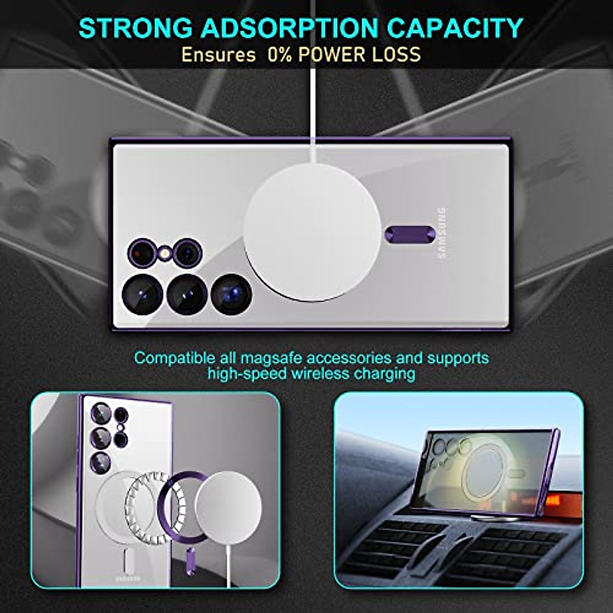 sheheme for Samsung Galaxy S22 Ultra Case,with Full Camera Lens Protector,Compatible with MagSafe,Clear Magnetic Case for S22 Ultra,Plating Anti-Scratch Slim Thin Case Cover for Men Women,Purple