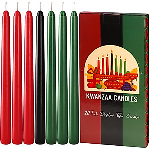 Set of 7 Kwanzaa Taper Candles, 3 Red, 3 Green, 1 Black Mishumaa Saba Candle Set, 10 Inch Dripless Tall Candle Stick for Kwanzaa, 7-7.5 Hour Burn Time