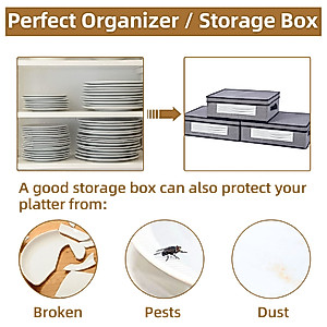 YheenLf 3 Sets China Storage Containers With Lid and Handles, Dinnerware Storage Box for Dishes Plate Storage Containers with 12 Felt Dividers, Hold 12 Plates, 17 x 13 x 6 inches, Grey