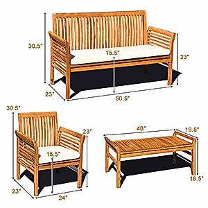 Tangkula 4 Piece Outdoor Acacia Wood Sofa Set with Water Resistant Cushions, Padded Patio Conversation Table Chair Set w/Coffee Table for Garden, Backyard, Poolside (1)