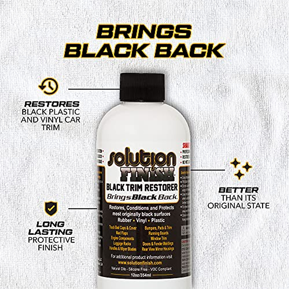 Solution Finish - Black Plastic & Vinyl Trim Restorer - Use for Car and Truck Detailing, No Wet Look, Instantly Revives Color To Trim, Bumpers, Mud Flaps, Etc., Black (12 oz)