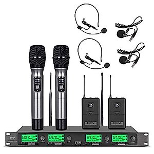 WENWEN Wireless Microphone System UHF 4 Channel 2 Handheld Mic 2 Headset 2 Lavalier Bodypack 2 Lapel Mic Pro Karaoke System Speaking Conference Wedding Party