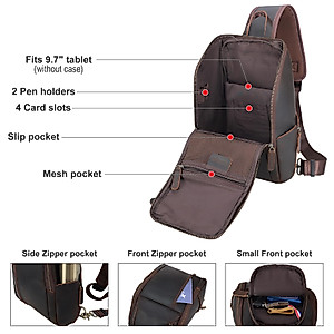 TIDING Full Grain Leather Sling Bag For Men Outdoor Travel Shoulder Chest Daypack Fits 10.5" iPad