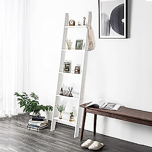 Babion Blanket Ladder, 5-Tier Ladder Shelf, Ladder Bookshelf, Wood Blanket Ladder, Wall Leaning Wooden Towel Blanket Ladder Storage Rack for Bathroom, White