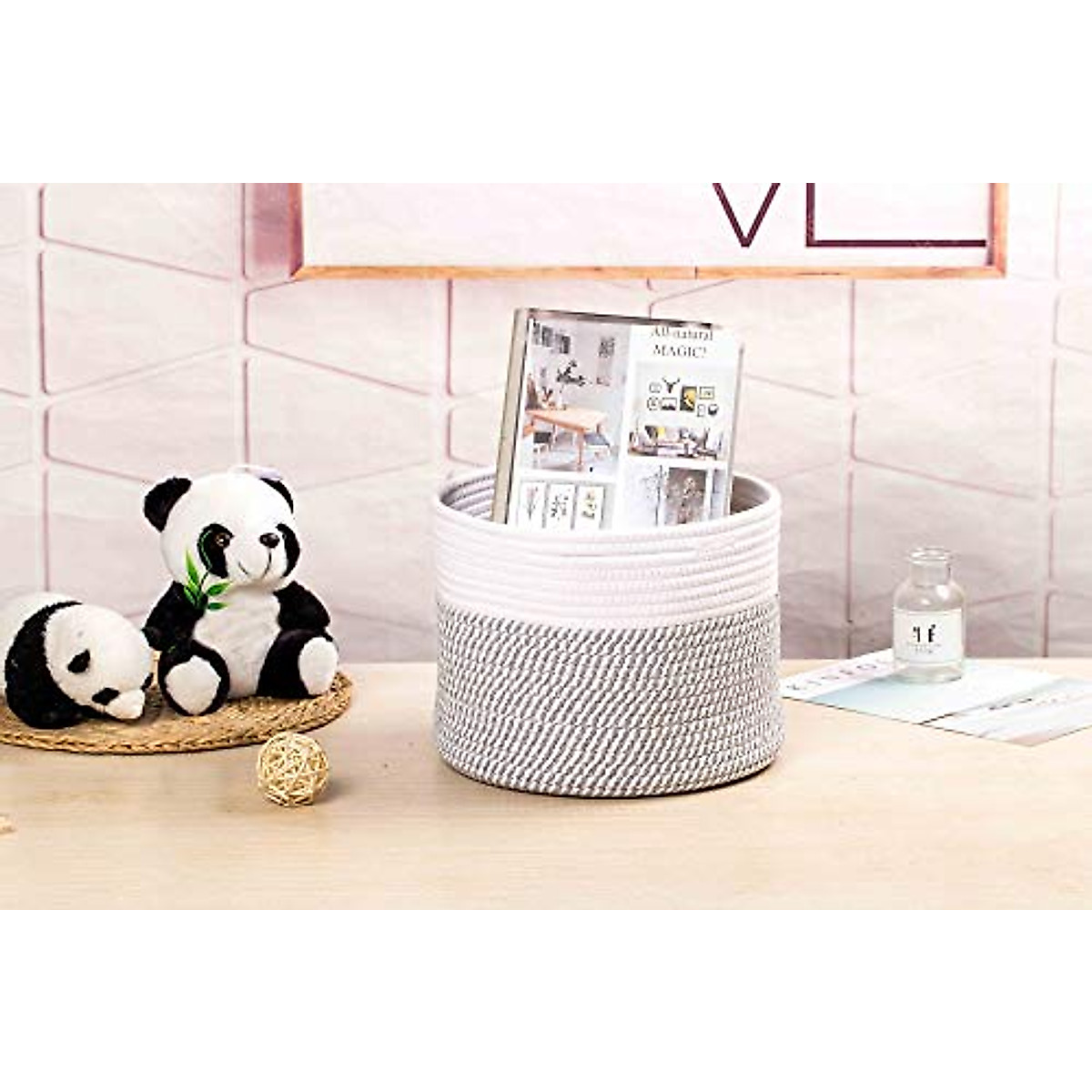 S Size Grey Cotton Rope Basket with Lid Mini Woven Basket Cute Toy Storage Basket Towel Storage Little Organizer Woven Basket Living Room Nursery Storage Basket Small Grey Woven Basket for Storage