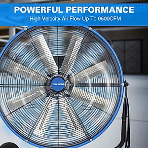 KEN BROWN 24 Inch High Velocity Floor Drum Fan Shop Fans Heavy Duty Blue, 9500 CFM 8 Blades, 3 Speeds, 360 Degree Tilt, Ideal For Industrial Fan, Commercial Fan, Shop Fan, Gym Fan, Garage Fan