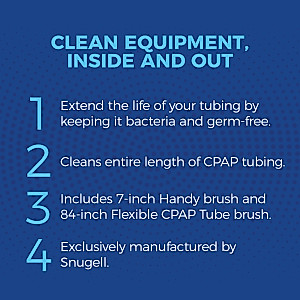 CPAP Tube Cleaning Brush by Snugell - Tube and CPAP Mask Cleaning Brush - Standard 22mm Tubing Diameter - Clean Exterior and Interior of Tubing and Mask - Flexible Brush (84 in) - Handy Brush (7 in)