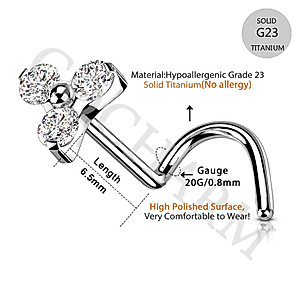 COCHARM 20G Grade 23 (G23) Titanium Screw Nose Studs Ring S-Shaped Diamond Cubic Zirconia Flower Bone Piercing Jewelry