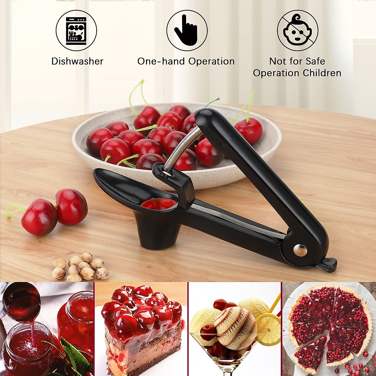 Firjuty Cherry Pitter - Heavy-Duty Olive and Cherry Pitters Corer Tool with Space-Saving Lock Design, Multi-Function Cherries Stoner Seed Remover Tool for Making Cherry Jam (Black)