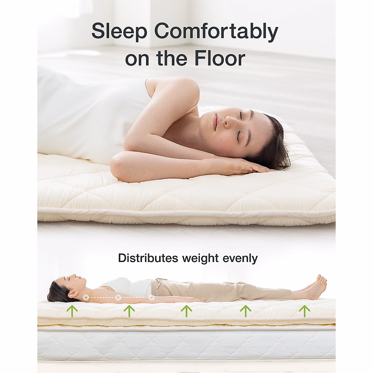 FULI Japanese Futon Mattress, Japanese Floor Mattress, Floor Bed, Tatami Foldable Bed, Roll Up Sleeping Pad, Shikibuton, Made in Japan (White, Full XL)