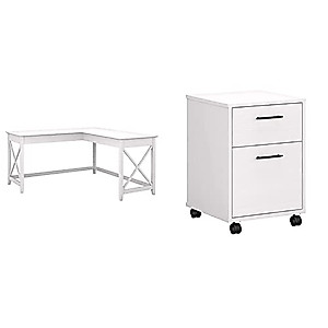 Bush Furniture Key West Modern Farmhouse Writing Desk for Home Office, 60W, Pure White Oak & Key West 2 Drawer Mobile File Cabinet, Pure White Oak