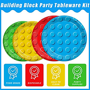 96 Pcs Building Block Party Supplies, Building Bricks Party Plates and Napkins Set Boys Girls Building Block Themed Party Dinnerware for Kids Baby Shower Birthday Party Decorations, Serves 24
