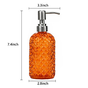SDlumeiy 16 oz Diamond Pattern Glass Soap Dispenser, Kitchen and Bathroom Refillable Soap Dispenser with Rust Resistant Stainless Steel Pump for Hand Soap, Lotion Glass Liquid Dispenser (Orange)