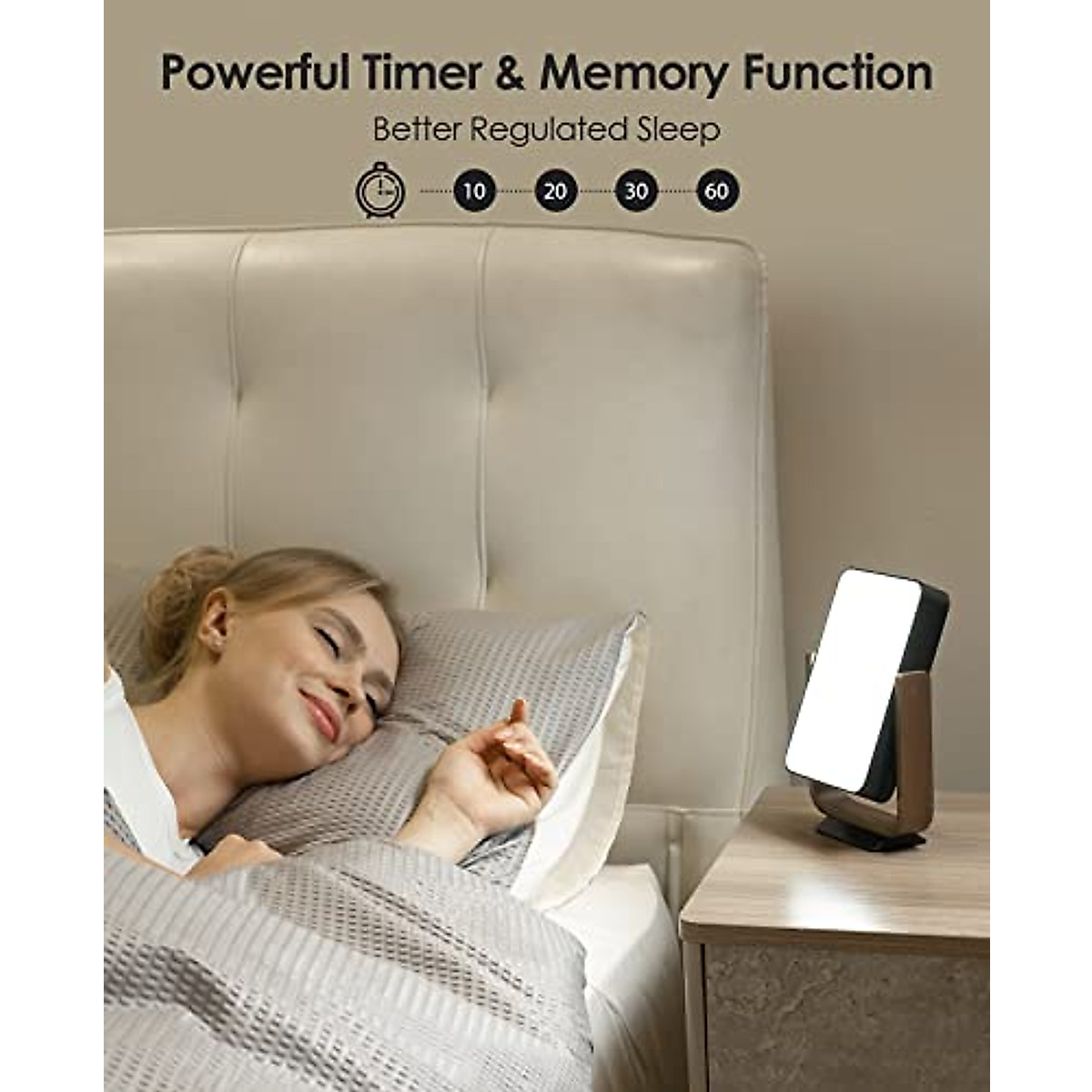 ALBINA Litght Therapy Lamp UV-Free 10,000 Lux Sunlight Lamp with 5 Adjustable Brightness 4 Timer Function, Detachable Stand Wooden Frame, Sun Lamp for Home/Office (Black/Walnut)