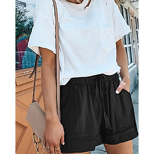 BTFBM Women Casual Shorts Plain Solid Color Elastic Waist Drawstring Summer Beach Lightweight Soft Short Lounge Pants(Solid Black, Large)