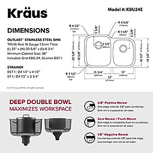 KRAUS Outlast MicroShield Scratch-Resist Stainless Steel Undermount 60/40 Double Bowl Sink, 32" 16 Gauge, Premier Series KBU24E