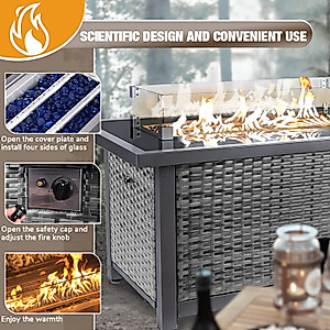44inch Outdoor Propane Fire Pit Table, 50000 BTU Auto-Ignition Wicker Rattan Patio Gas Fire Pit with Wind Guard, Tempered Glass Tabletop and Glass Beads, ETL Certification, Grey
