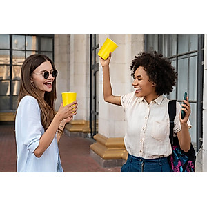 DecorRack 80 Party Cups, 16 oz -BPA Free- Plastic Soda Cups, Perfect for Birthday, Picnic, Indoor and Outdoor Event, Stackable, Reusable, Disposable Cup, Yellow (Pack of 80)