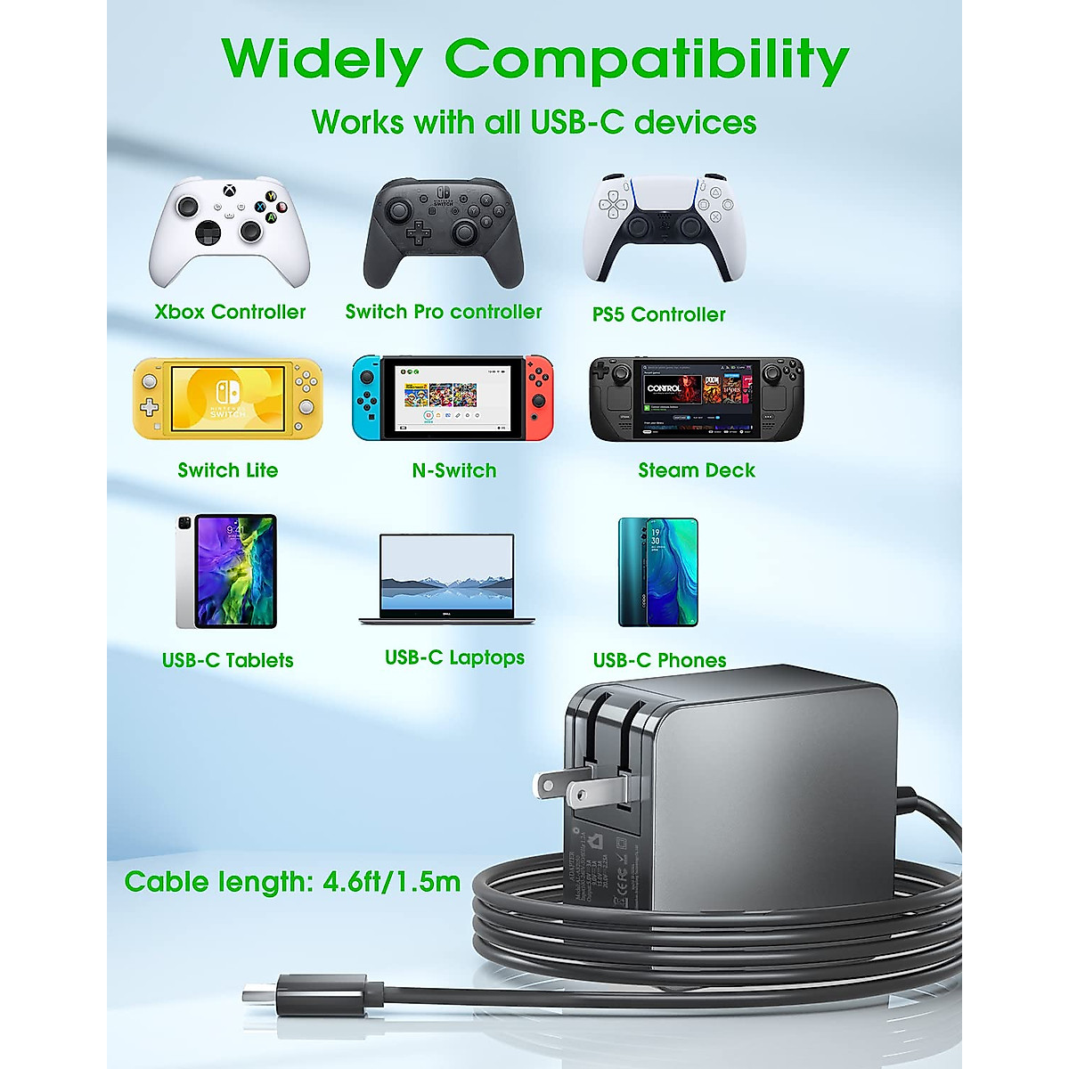 Fast Charger for Steam Deck, AOJAKI 45W PD Foldable Power Adapter with4.9ft USB C Charging Cable Cord,Accessories for Steam Deck TV Dock Console/Nintendo Switch/PS5 Controller/Phone/Tablet/Laptop