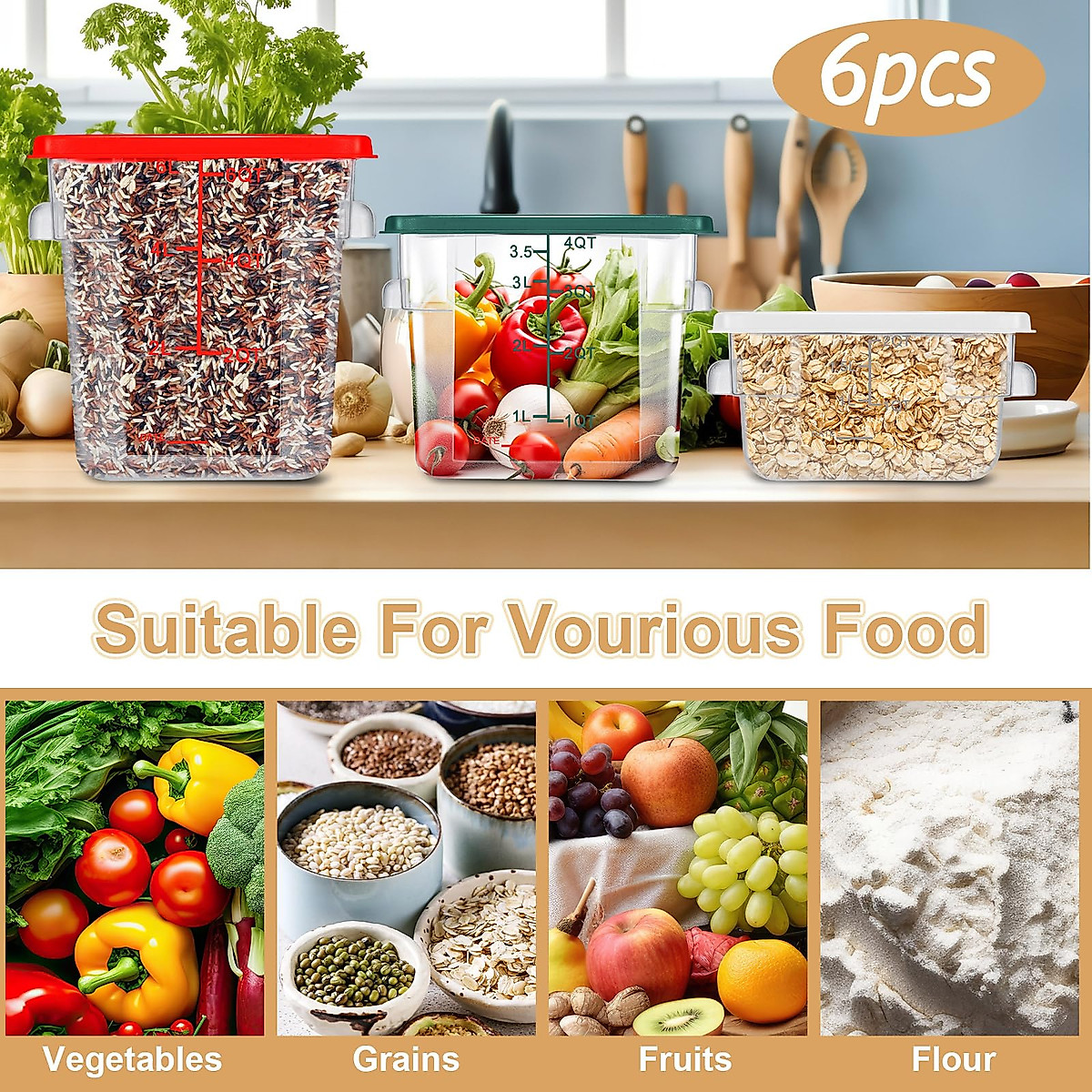 Tioncy Food Storage Container with Lids Set 2 Qt 4 Qt 6 Qt Square Clear Commercial Containers with Scales Handles for Home Restaurant Kitchen Food Storage, Proof Dough, Marinating Meat (3 Pcs)