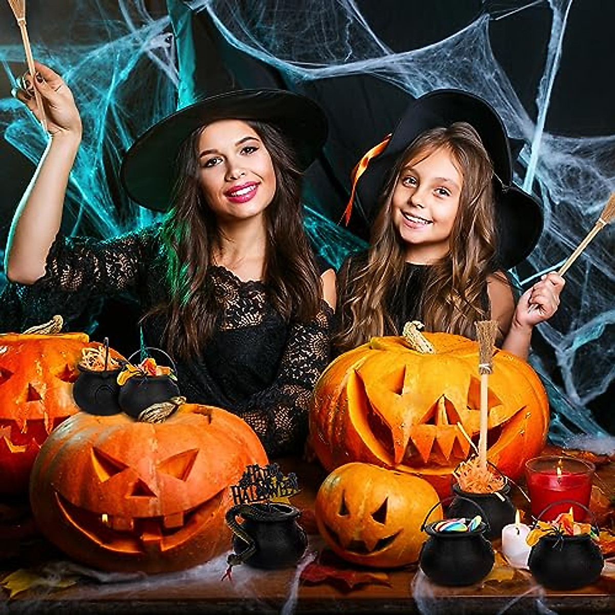 Libima Halloween Witch Theme Party Supplies Set Include Black Cauldron Kettle Witch Broom Pencils for Halloween with Small Packet Orange Tissue Confetti for Trick or Treat Party Favor (25)