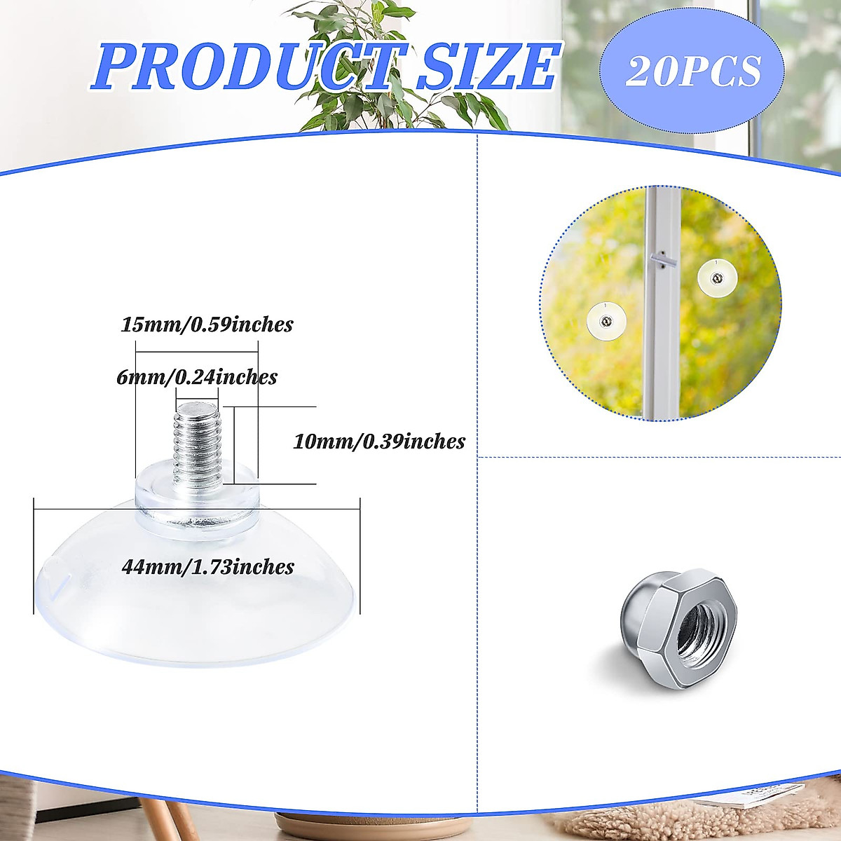 Quzzil 10 Pcs Suction Cups 4.4 cm/ 1.73 Inch Diameter Suction Cup Screw 0.39 Inch in Length PVC License Plate Suction Cups Hooks Clear Suction Cup with Cap Nut M6 Thread for Shade Cloth Acrylic Plate