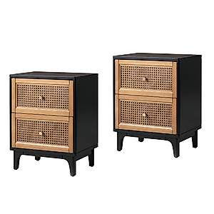 COZAYH Set of 2 Fully-Assembled 2-Drawer Woven Cane Front Accent Nightstand with Brass Knobs, Black