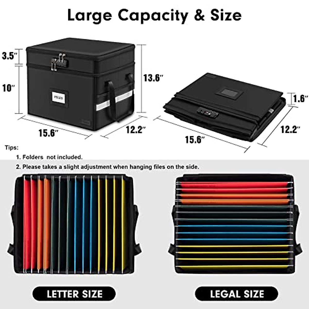 Fireproof Document Box with Lock, ETRONIK 2 Layer File Box Organizer with 5 Tab Inserts, Portable Office Collapsible File Storage with Reflective Strip for Hanging Letter/Legal Size Folder/Certificate