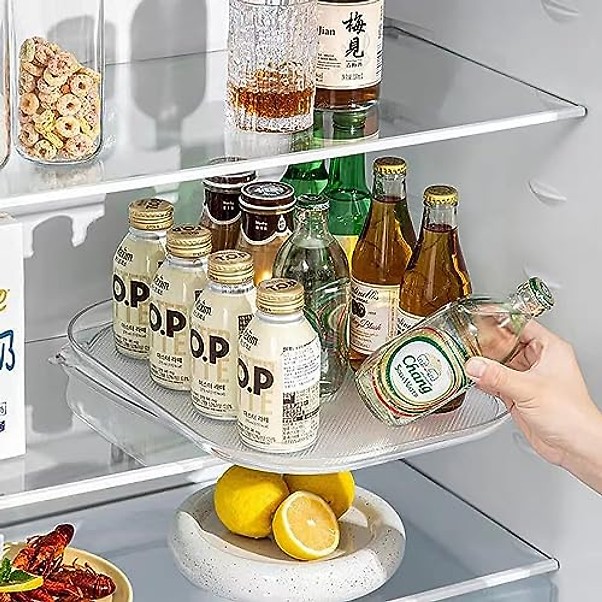 Lazy Susan Turntable Organizer for Refrigerator, Clear Rectangular Fridge Organizer Storage,Long Square Lazy Susan for Cabinet, Table, Pantry, Kitchen, Countertop(13.78"*10.24"*1.77")-1Pack