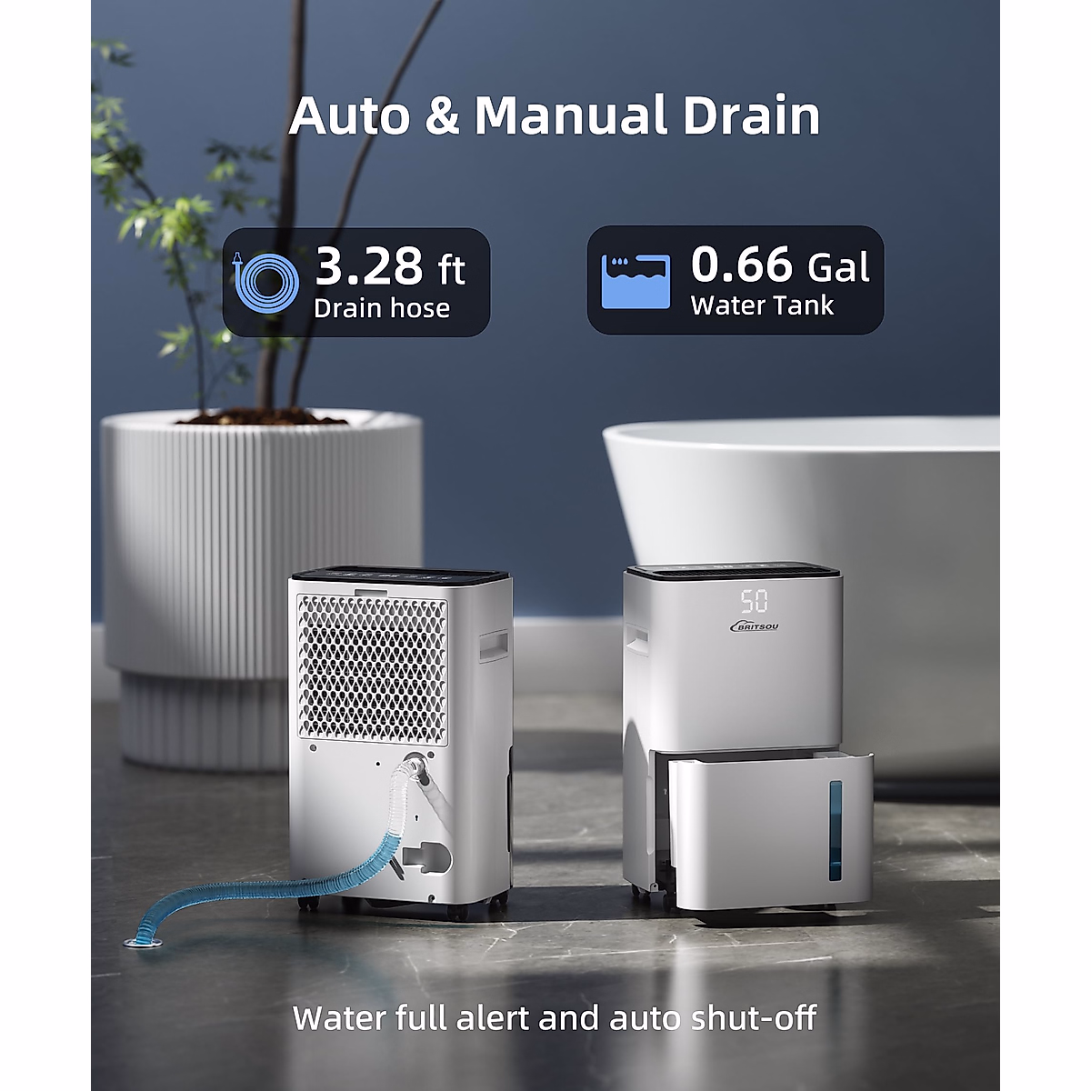 34 Pint Dehumidifier for Basement with Drain Hose & 0.66 Gallon Tank, BRITSOU Dehumidifiers for Home with Auto Shut off, 24HR Timer, Ideal for Home Bedroom Bathroom