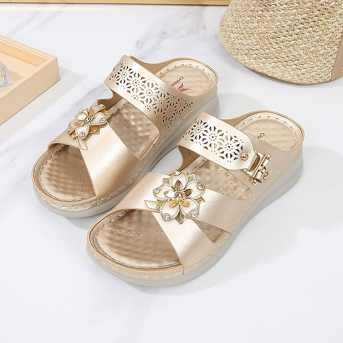 justHIGH Sandals for Women Summer Hollow Out Slip On Platform Sandal Wedge Shoes with Concealed Orthotic Arch Support