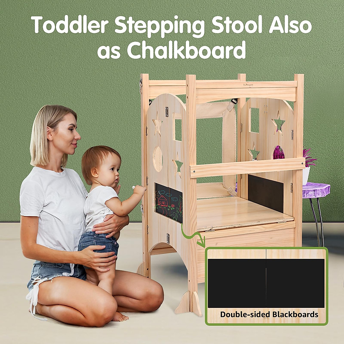 Ixdregan Toddler Kitchen Step Stool for Toddlers - Toddler Stool with Cute Cartoon Design, 3 Height Adjustable Toddler Stool for Kids 18M+, Safe Toddler Stepping Stool Supports 130LB-Natural Wood