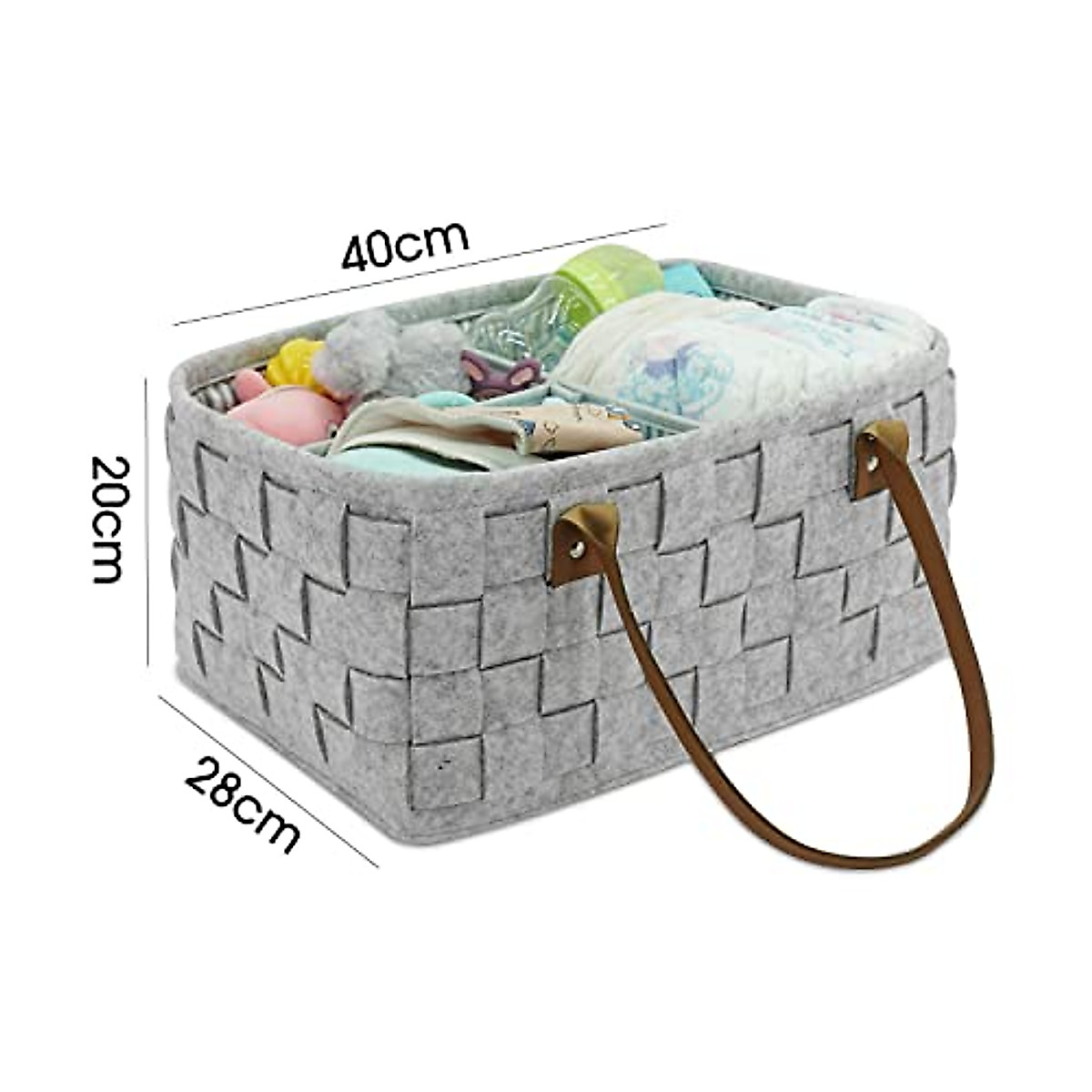 Baby Diaper Caddy Organiser, Woven Felt Large Portable Diaper Bag Organiser Basket for Changing Table, Nursery Storage Bin for Baby Essentials, Car Caddy Travel Organiser, Grey, 40 cm x 20 cm x 28 cm