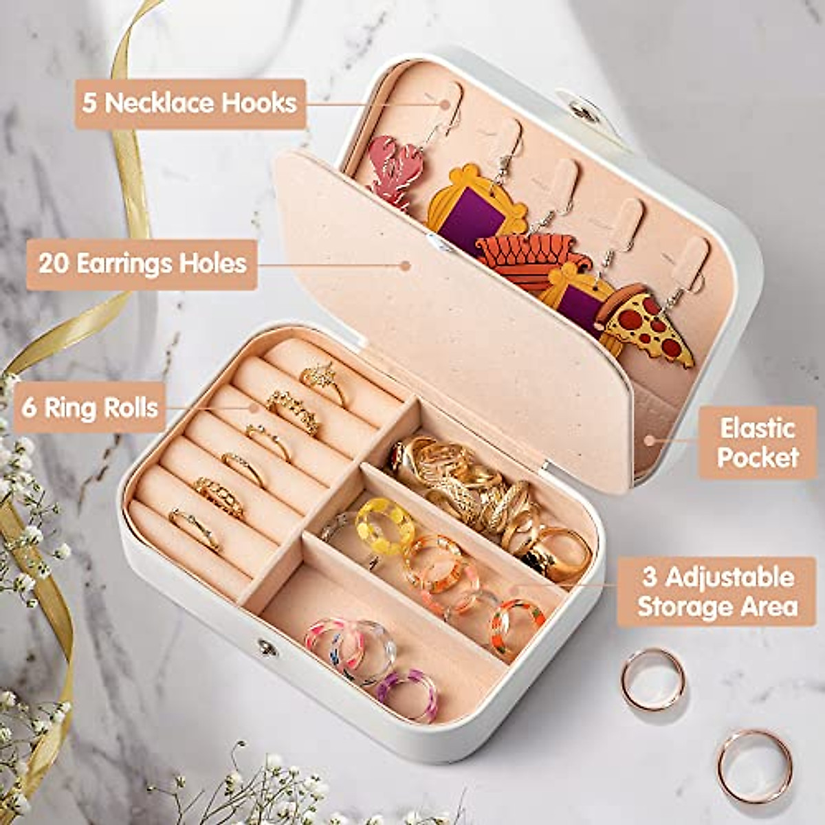 Belanttega MRS Travel Jewelry Box for Bride Travel Portable Jewelry Case Small Jewelry Organizer Travel Accessories for Women, Bridal Shower Gift Engagement Present, White