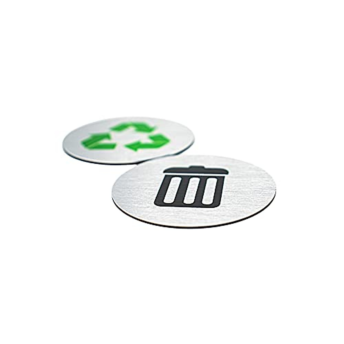 5.5" Round, Metal Trash & Recycling Signs | Set of 2 Garbage & Recycling Bin Markers | Brushed Silver Aluminum Signs with 1 Black Trash Sign & 1 Green Recycle Sign | Signs for Sustainability