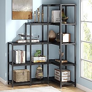 Tribesigns 5-Tier Corner Bookshelf, 63” Tall Modern L-Shaped Bookshelf Corner Bookcase, 17 Shelves Black Stepped Bookcase Display Rack Storage Shelf for Living Room Home Office (Black)