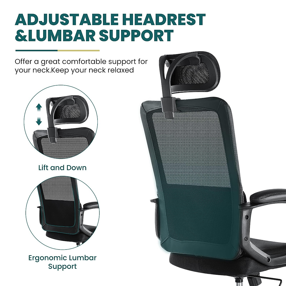 SMUG Ergonomic Mesh High Back Computer Adjustable Headrest,Lumbar Support, Tilt Function,Swivel Rolling, Soft PU Armrest Task Home Office Desk Chairs, Black