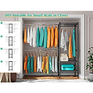 Raybee Closet Organizers and Storage System, 590Lbs Capacity Closet Systems for Walk in Closets with 3 Expandable Hanger Rods, Wall Mounted, 24"-118"L x 16"W x 71"H, Black