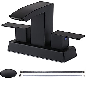 Friho Extra Large Rectangular Spout 4 Inch Two Handle Centerset Matte Black Bathroom Faucet,Waterfall Bathroom Sink Faucet Lavatory RVs Vanity Faucets for Sink 3 Hole with Water Hoses and Pop up Drain