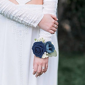 Rinlong 6Pcs Navy Blue Wrist Corsage Wedding Homecoming Prom Corsages Royal Blue Flower Corsage Wristlet
