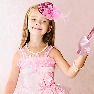 Auidy 6TXD Tea Party Supplies, 6 Pieces Girls Party Headwear and Accessories, Includes Folding Hand Fans, Clip on Hats, Satin and Lace Gloves, Rose Pink