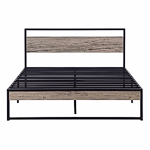 Epinki Metal Bed with Headboard, Black, Platform Bed Frame, Easy Assembly