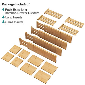 Vriccc 4.4" High Bamboo Drawer Dividers with Inserts, Kitchen Adjustable Drawer Organizers, Expandable Organization for Home, Office, Dressers, and Bathroom, 4 Divider with 8 Insert