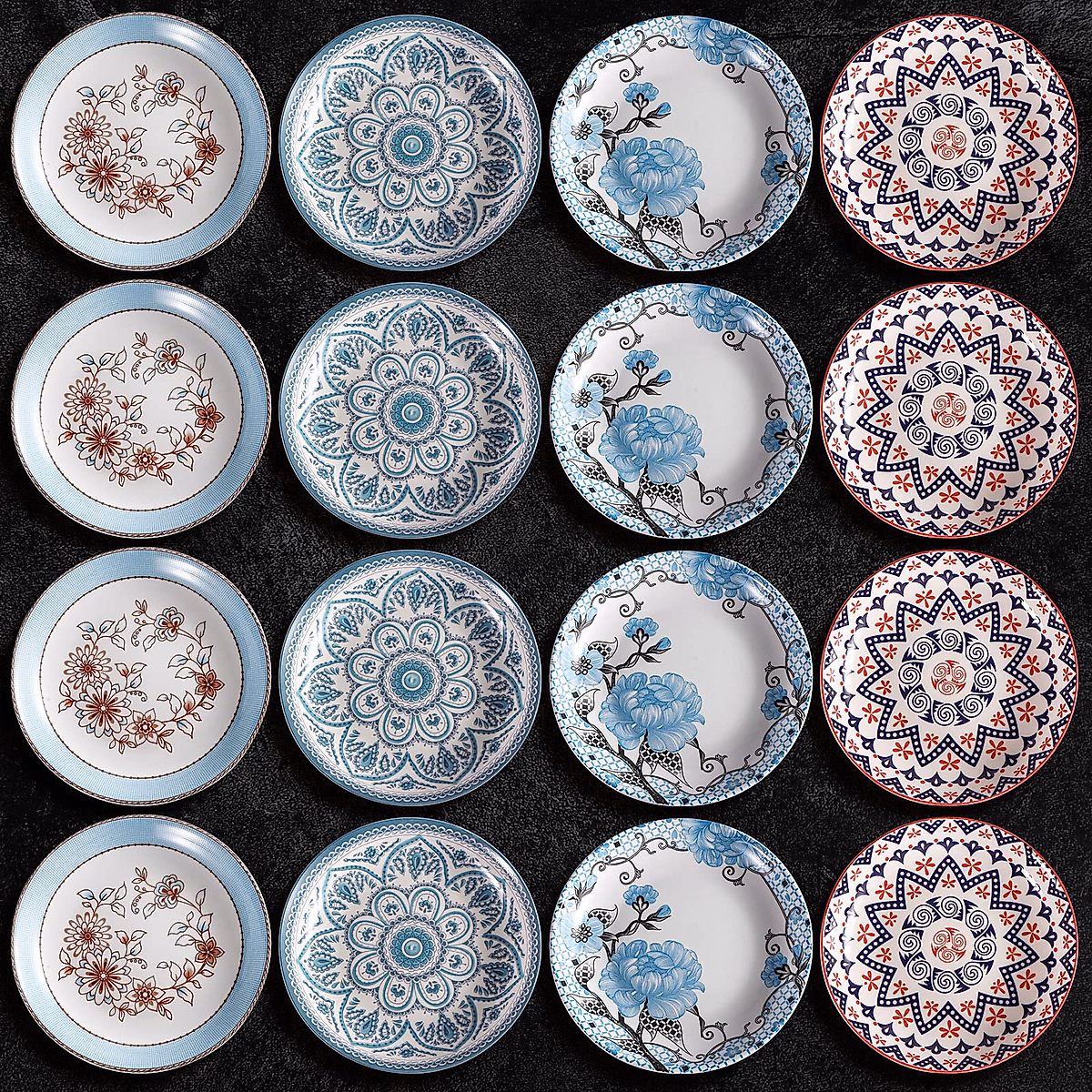 Artena Pasta Bowls Set Of 4, 24oz Porcelain Salad Bowls, 8 Inch Bowls For Kitchen, Colorful Dinner Plates, Serving Bowls For Entertaining, Shallow Bowl For Eating, Microwave, Oven Safe, Blue Bohemia